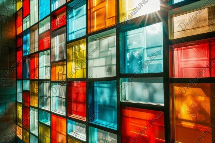 Vibrant stained glass wall with sunlight