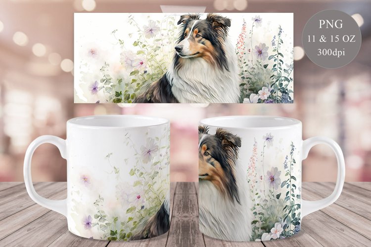 Collie Mug Sublimation | Watercolor Dog Mug Wrap (2499329)