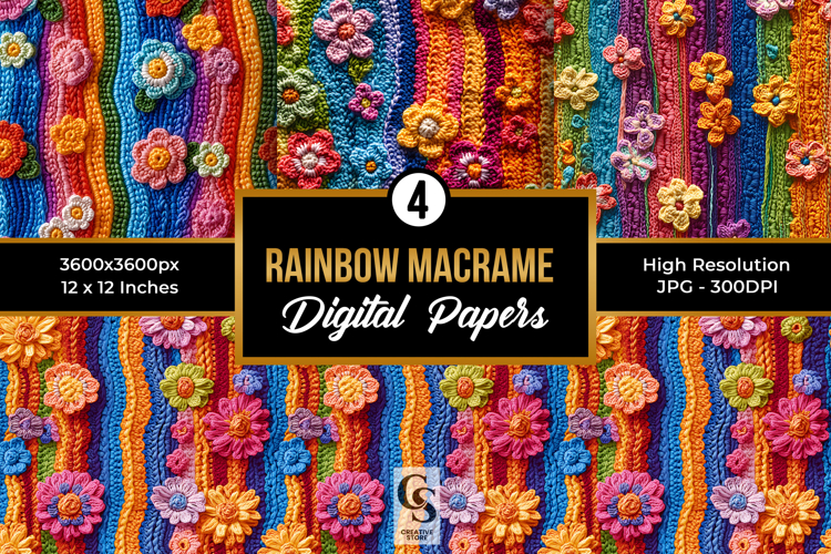 Rainbow Floral Macrame Digital Papers