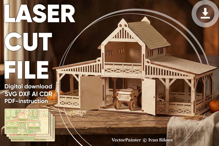 Farm Barn Dollhouse - laser cut files, SVG DXF digital plans
