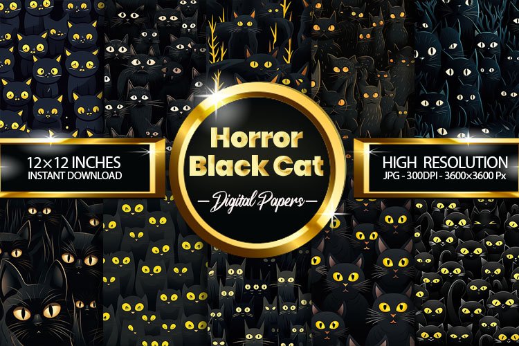Horror Black Cat Digital Papers, Scary Pattern