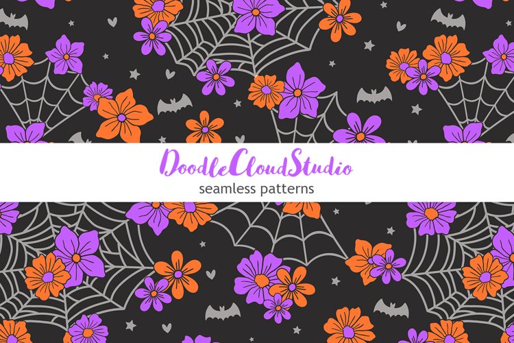 Retro Halloween Floral and Spiderweb Seamless Pattern Spooky