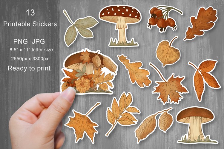 Fall Printable Stickers. Yellow Leaves, mushroom stickers