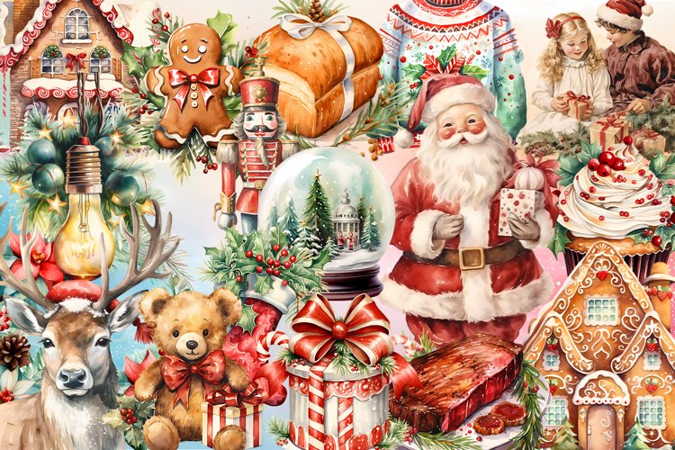 Watercolor Vintage Christmas Clipart - 76 Graphics