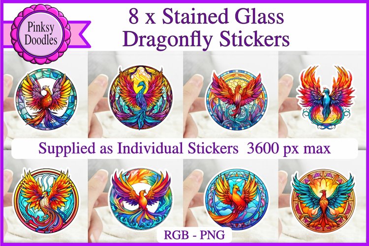 A set of 8 Stained Glass Phoenix printable Sticker png