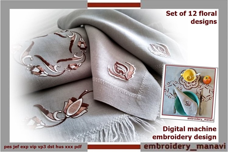 Machine Embroidery bundle of 12 Floral Designs.