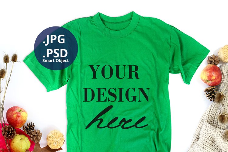Fall & Thanksgiving Green T-shirt mockup, Autumn mockup PSD