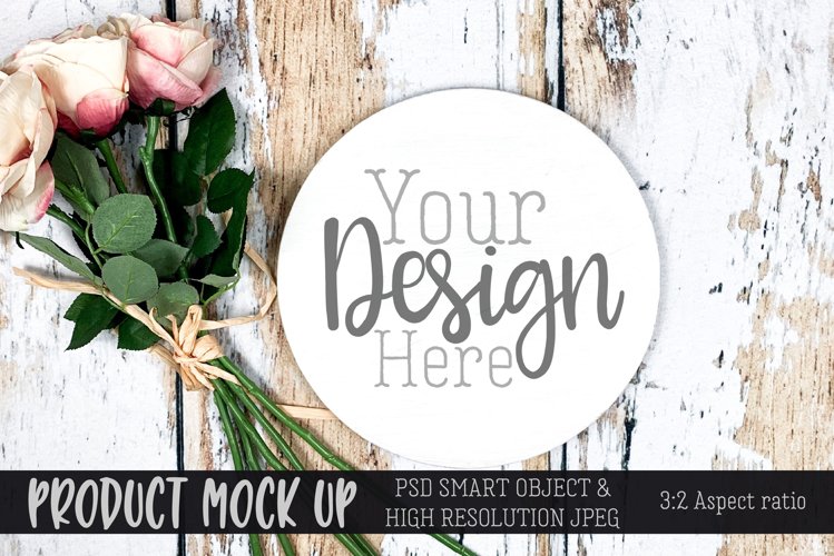 Round wood white sign with roses MOCKUP
