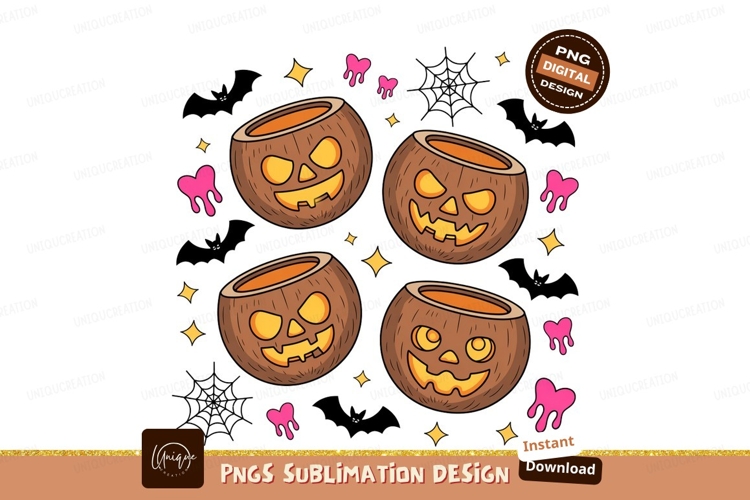 Four carved coconuts with spooky faces halloween jackolanter