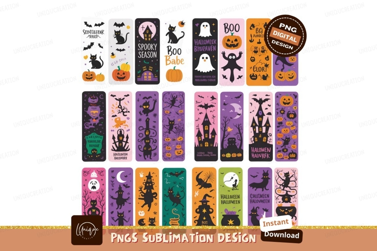Halloween themed bookmarks with cats pumpkins ghosts