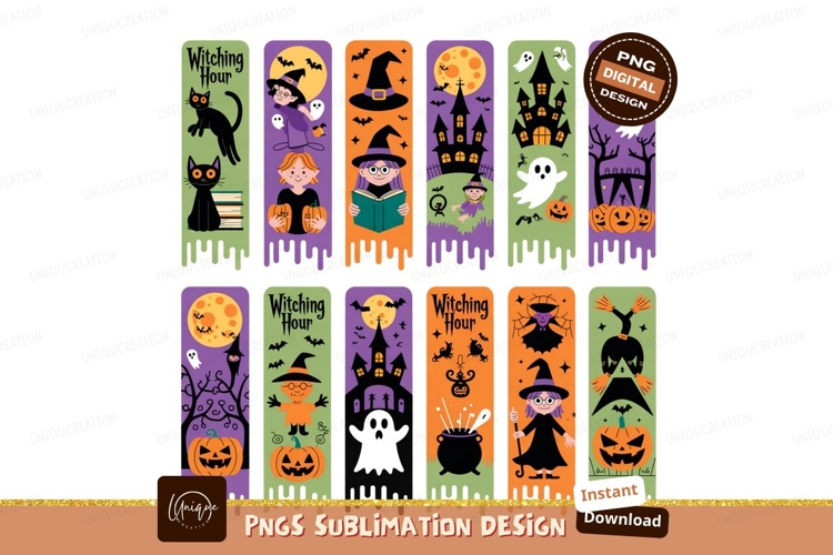 Halloween bookmarks witches cats pumpkins ghosts image