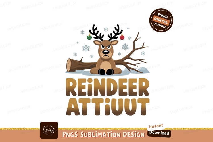 Grumpy reindeer with festive ornaments snow