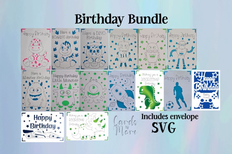 Birthday card bundle 15 cards, Card Cutting, draw and cut,