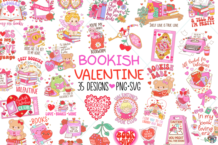 Bookish Valentine Png Svg Bundle, Book Lover Clipart