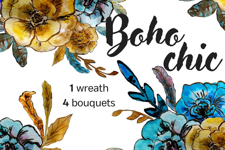 Boho watercolor clipart, watercolor floral clip, PNG