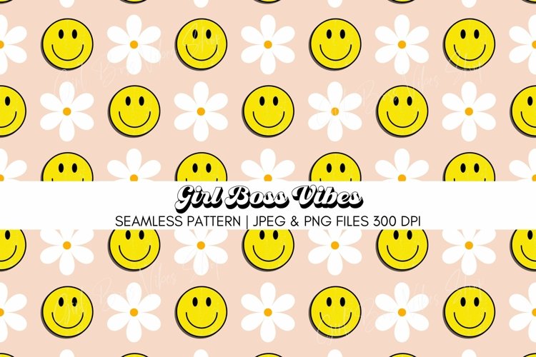 Retro Smiley Faces Daisy Background Seamless Pattern