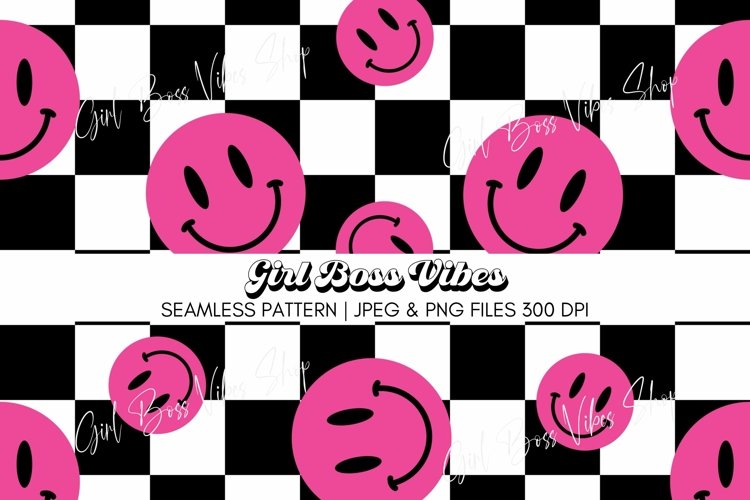 Pink Smiley Face Checkered Seamless Pattern