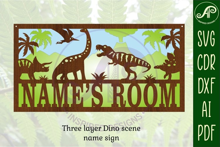 Dino scene name sign SVG 3 layer laser cut template
