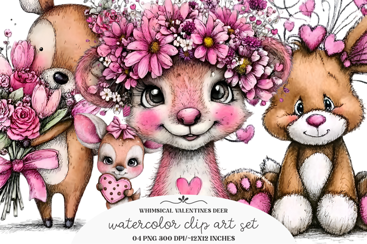 Whimsical Valentines Deer Clipart