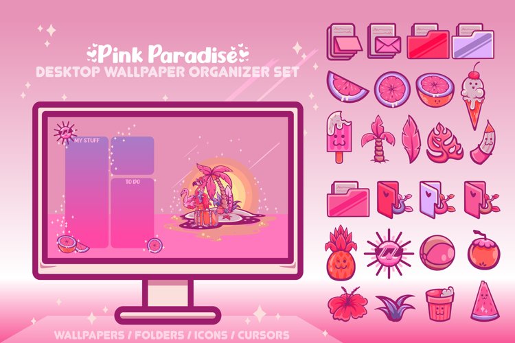 Pink Paradise Computer desktop wallpaper organizer set