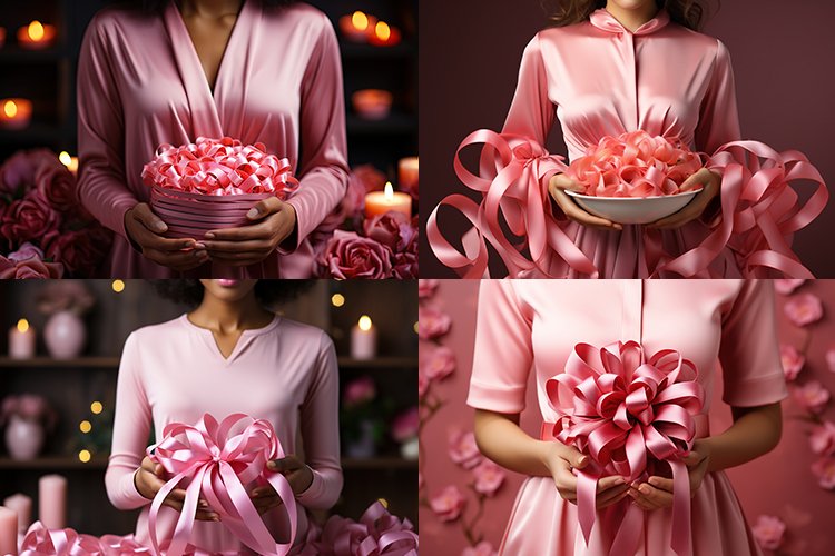 a close up of a person holding a pink ribbon in their hands