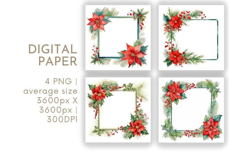 Christmas Poinsettia Frame Digital Paper JPG
