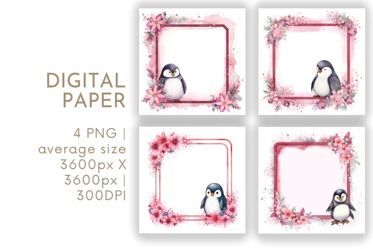 Valentines Penguin Frame Digital Paper JPG