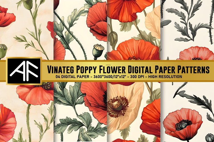 Vintage Poppy Flower Digital Paper Patterns