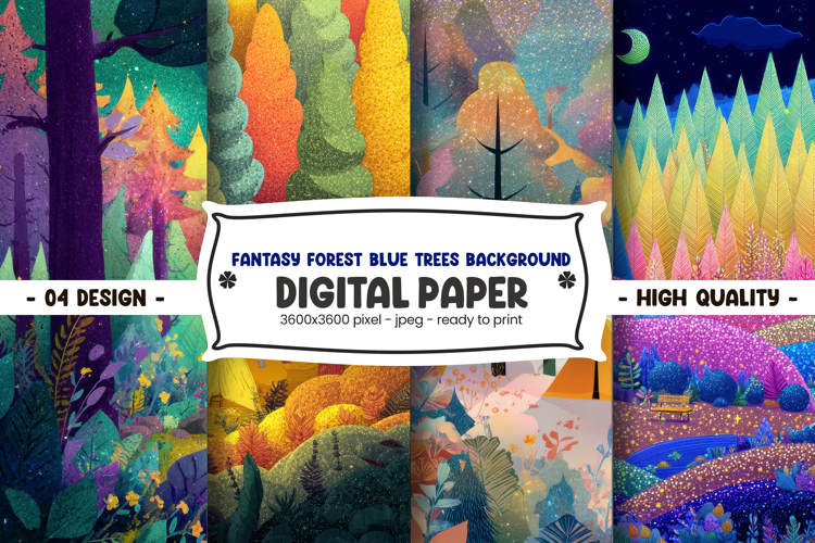 Fantasy forest blue trees background digital paper