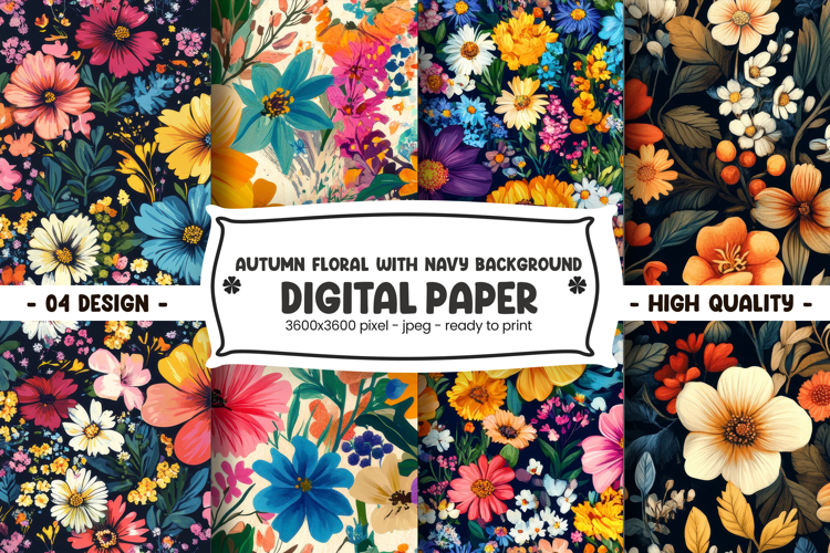 Autumn Floral with Navy Background digital paper