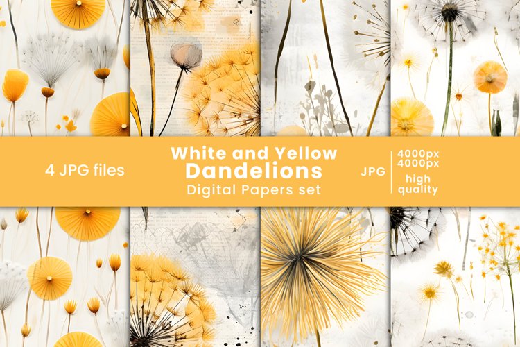 white and yellow dandelions digital papers and patterns