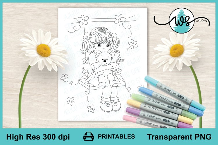 Digital Stamp, Girl Swing Teddy Bear, Cute Girl Line Art PNG