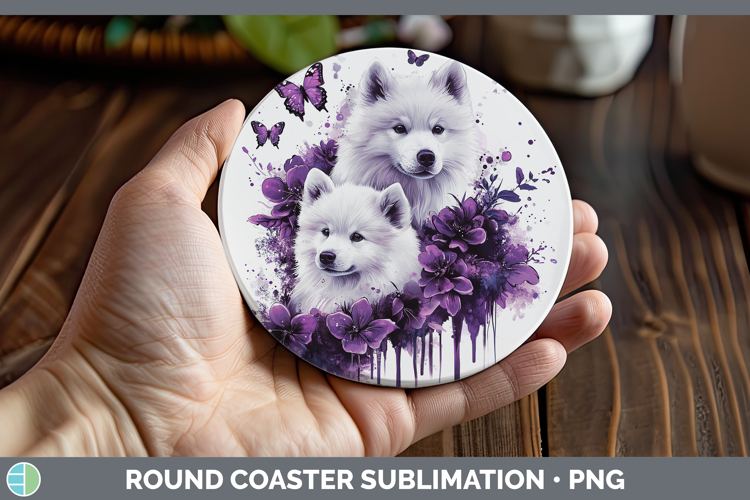 Dogs 04 Purple Drips Samoyed Round Coaster Sublimation Coast