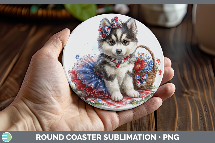 Dogs 05 Patriotic Siberian Husky Round Coaster Sublimation C