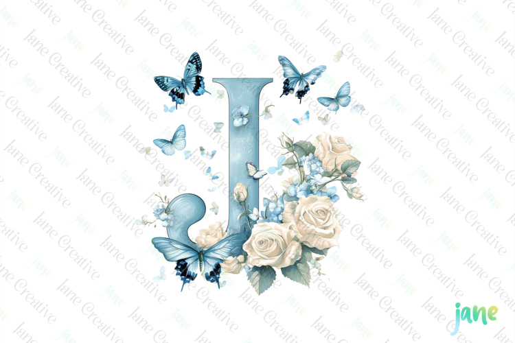 Watercolor Floral Butterflies Letter J