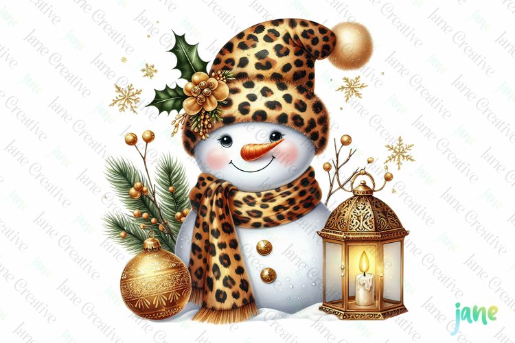 Glitter Leopard Christmas Snowman Clipart