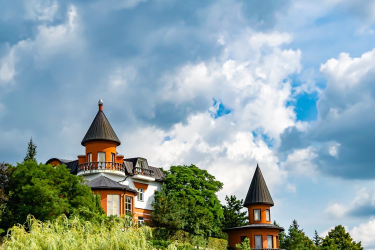 Photography on theme ancient brick castle with large tower