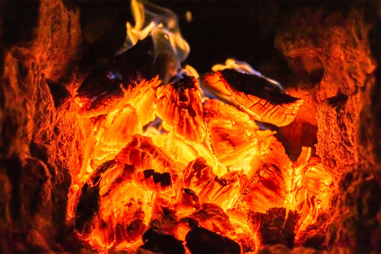 Fireplace with light flame fire for heating building room