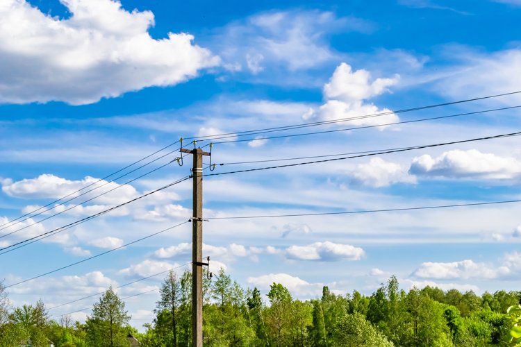 Power electric pole with line wire on coloured background