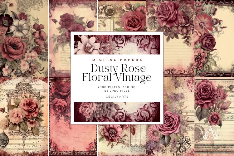 56 Dusty Rose Floral Vintage Junk Journal Pages