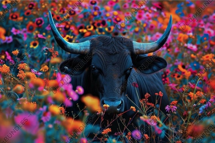 Black bull standing in vibrant wildflower field