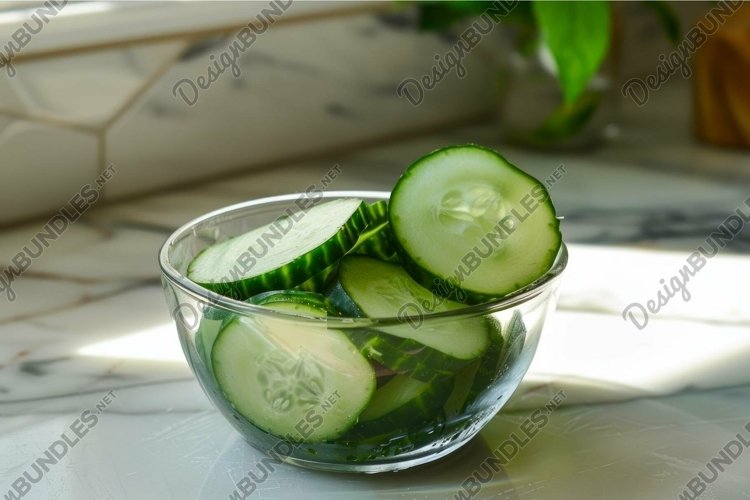 Fresh sliced cucumbers in glass bowl