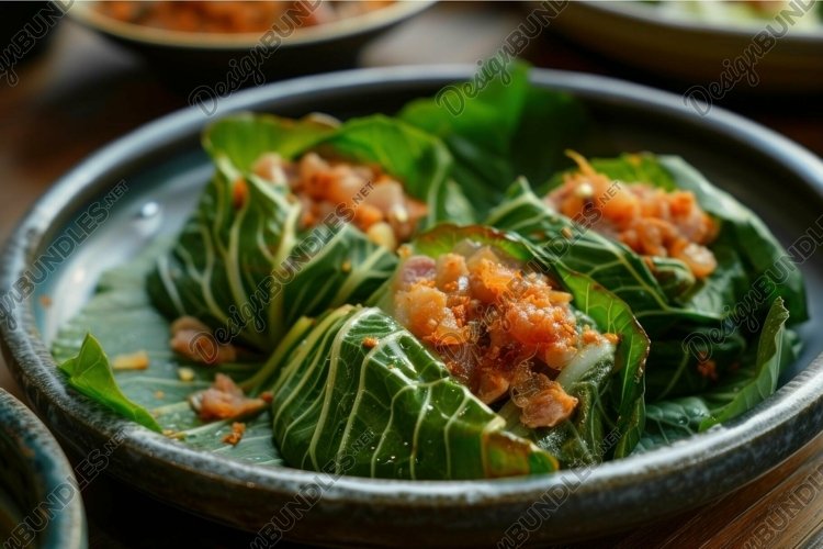 Hearty Bao bun pork with leaves. Generate Ai