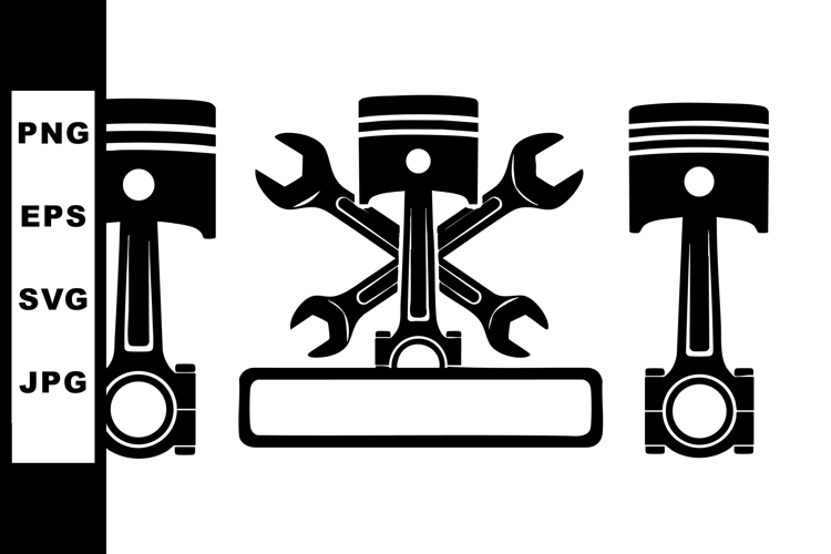 Engine pistons with crossed wrenches automotive repair tools