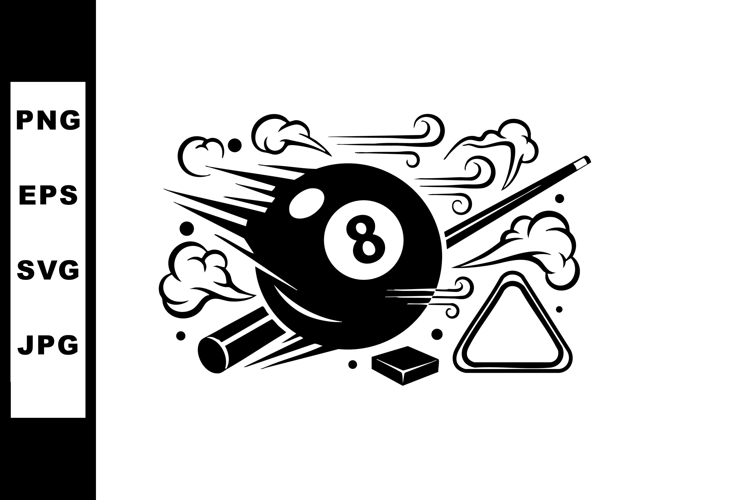 Black eight billiard ball striking with cue stick and chalk