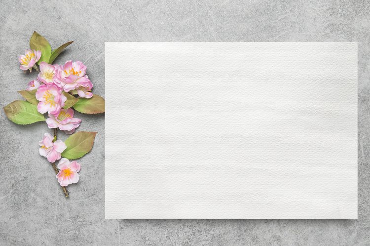 Watercolor paper mockup with spring flowers stock photo