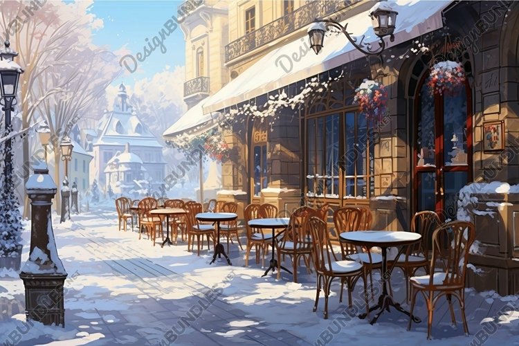 Quaint caf covered in snow with empty chairs and tables on a
