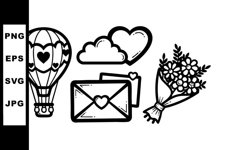 Romantic love symbols with heart hot air balloon clouds enve