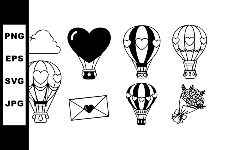 Valentine-themed hot air balloons with hearts cloud love let