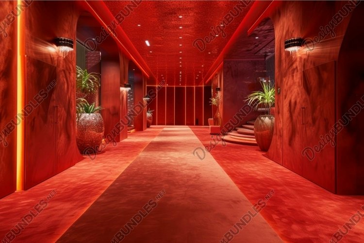 Luxurious red carpet hallway with modern decor